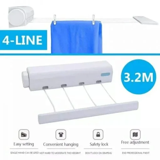 Corde sèche-linge rétractable 4 Fils de 3,2mètres, pour intérieur et ...