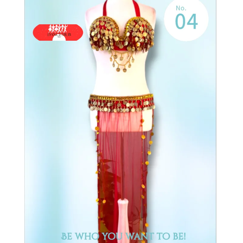 Ensemble danse orientale chargée rouge doré 2 pièces Taille Standard