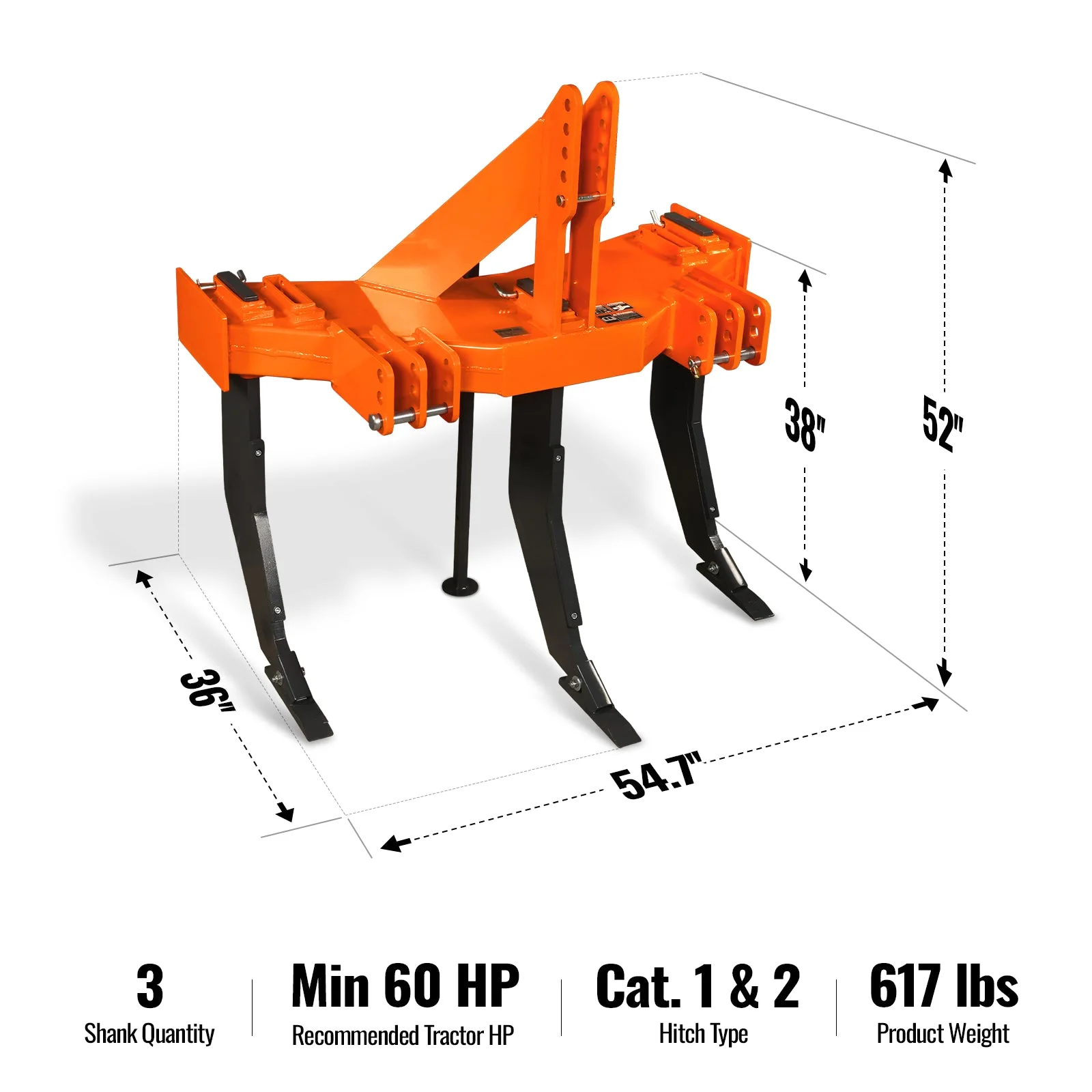 Heavy Duty 3 Shank Subsoiler Plow Ground Ripper 3 Point Hitch Cat1&2, SS3S